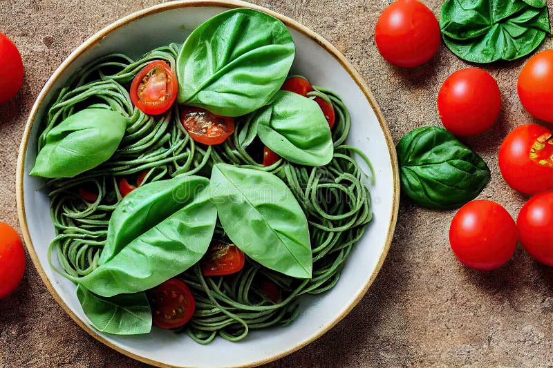 Italian Green Pasta Spaghetti with Basil and Tomatoes on Plate Stock ...