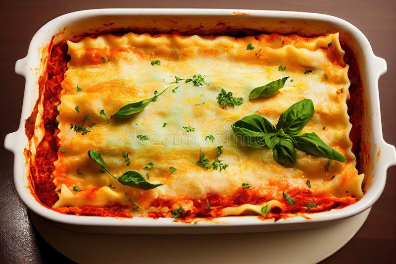 Italian Homemade Lasagna with Basil in Rectangular Shape for Baking ...
