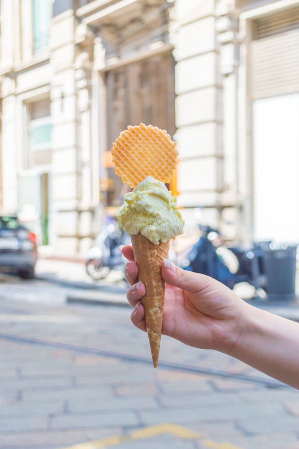Italian Ice Cream in Waffle Cone in Woman Hand Stock Image - Image of ...