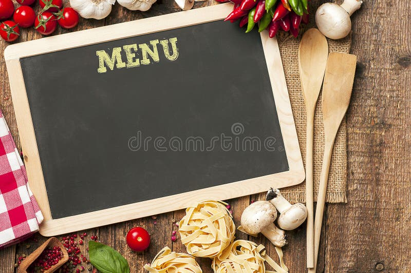 Italian Ingredients for Pasta on Chalk Menu Board. Stock Photo - Image ...