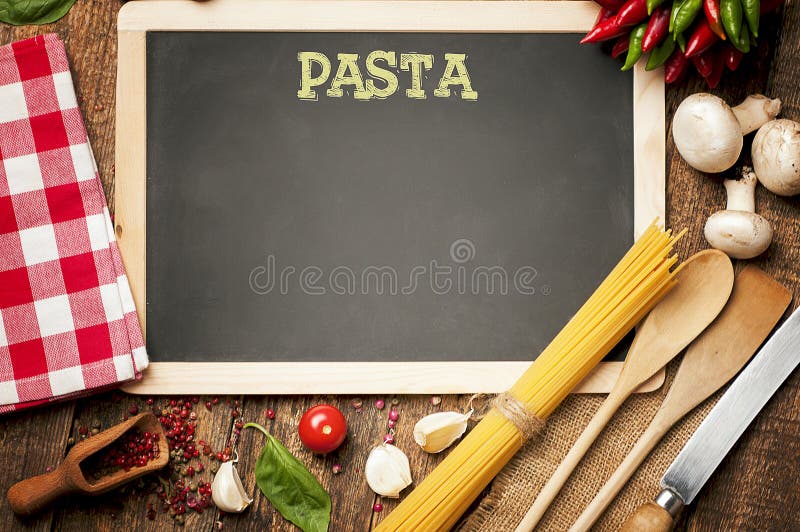 Italian Ingredients for Pasta on Chalk Menu Board. Stock Photo - Image ...