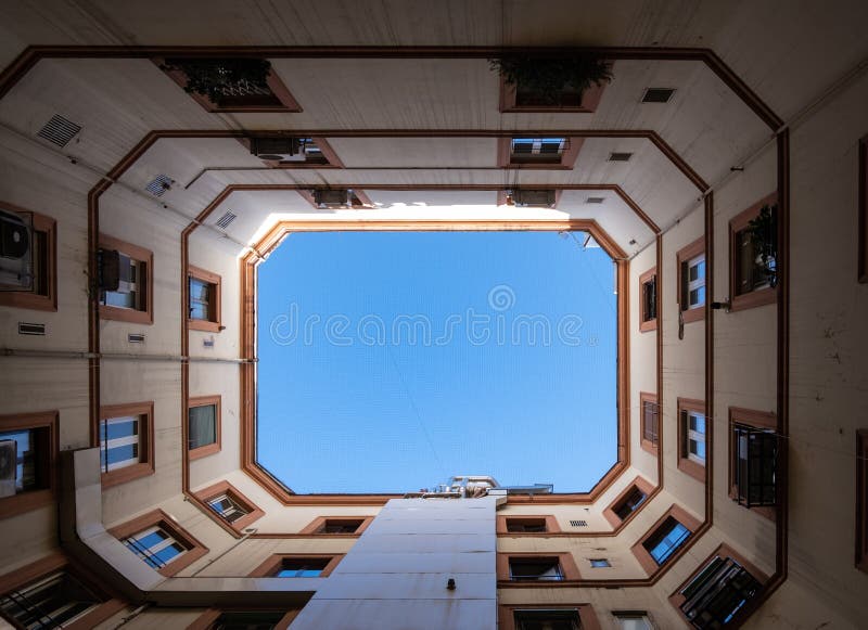 Italian Inner Courtyard View from Below Stock Image - Image of ...