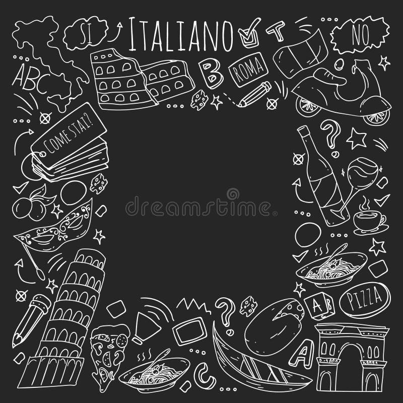 Italian Language Learning. Vector Pattern with Icons and National ...