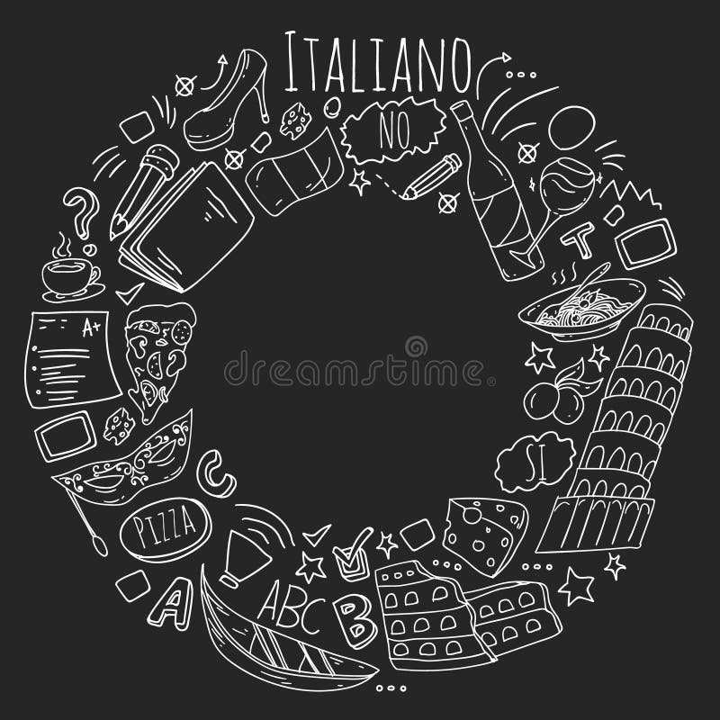 Italian Language Learning. Vector Pattern with Icons and National ...