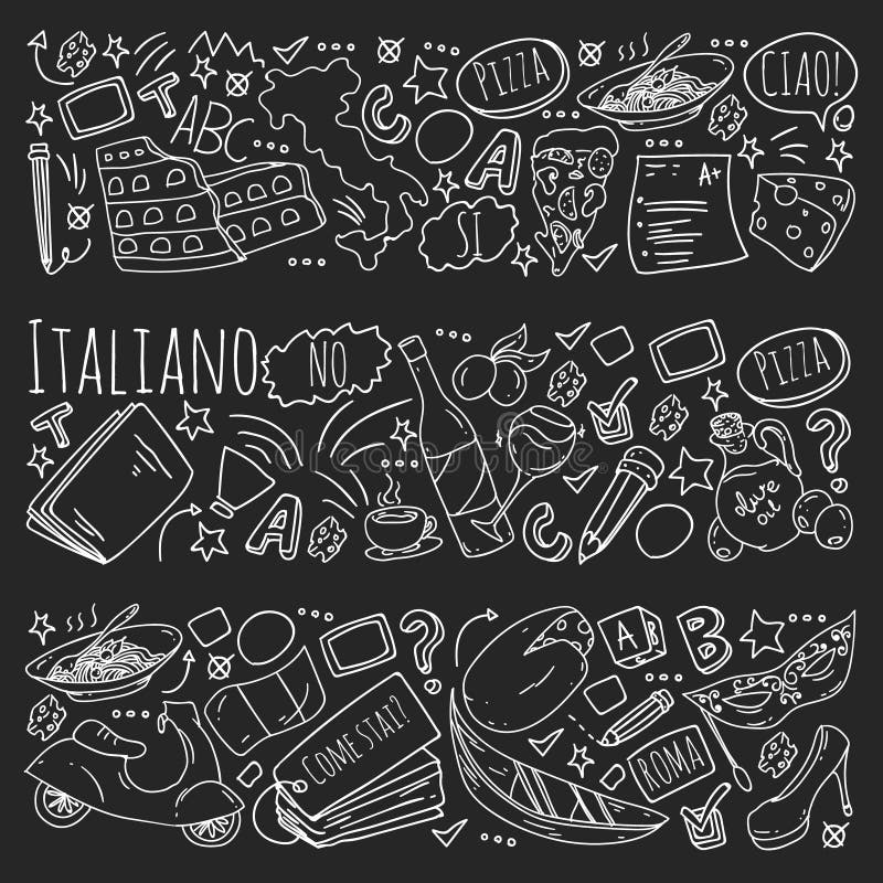 Italian Language Learning. Vector Pattern with Icons and National ...