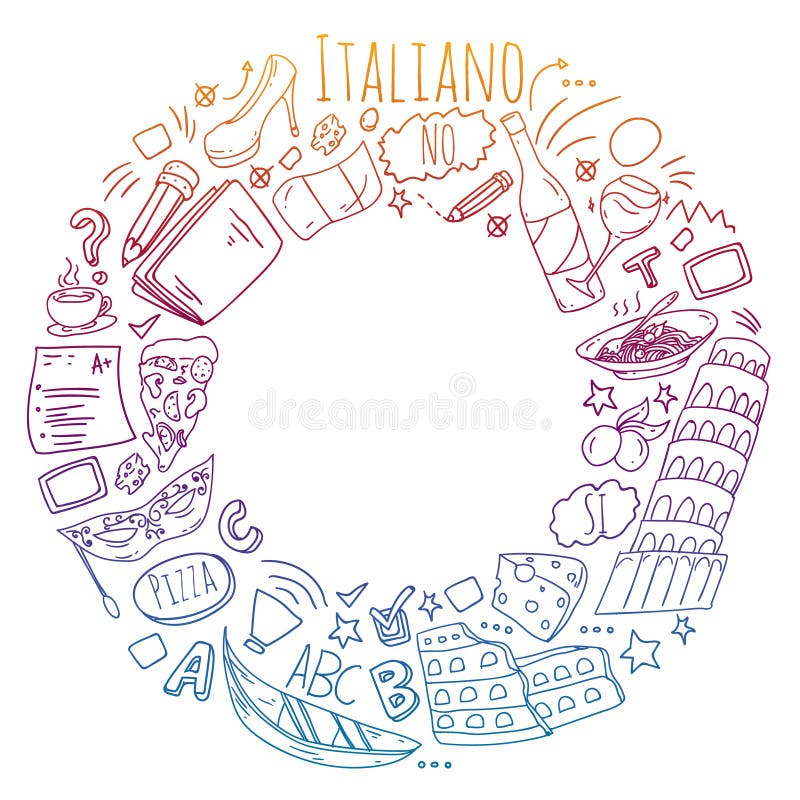 Italian Language Learning. Vector Pattern with Icons and National ...