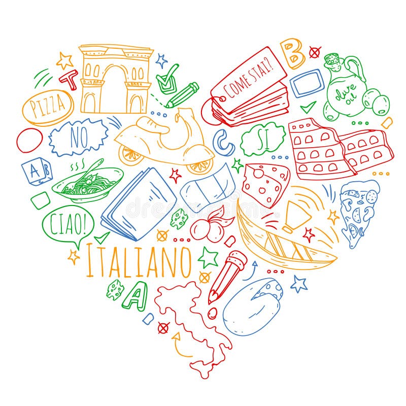 Italian Language Learning. Vector Pattern with Icons and National ...