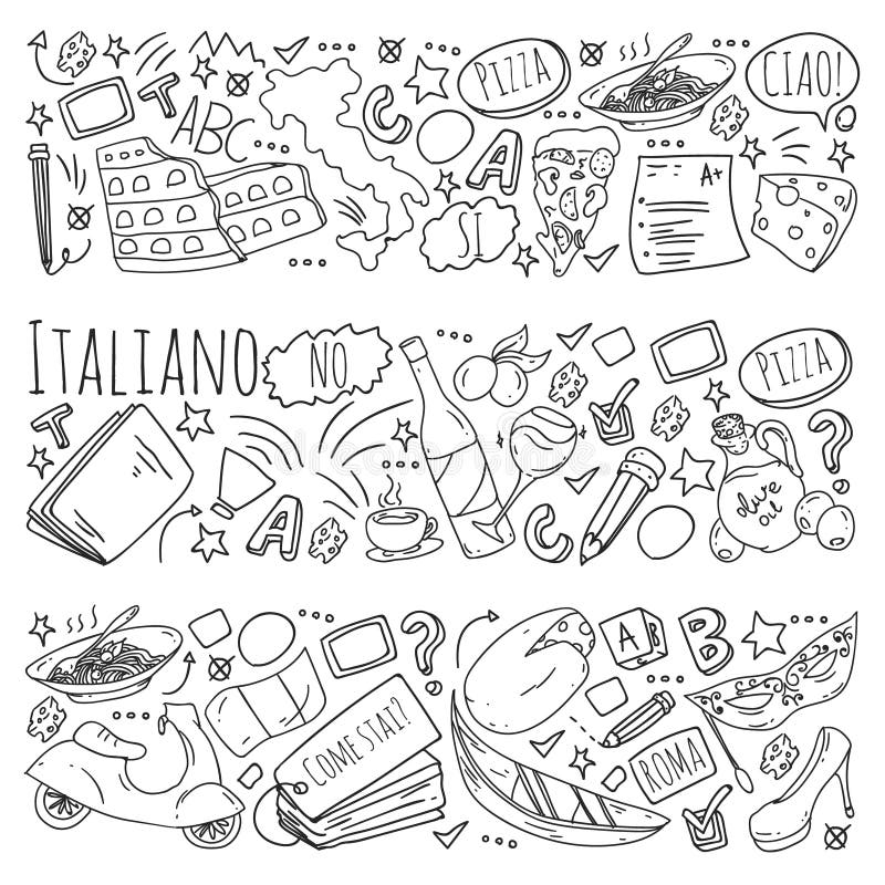 Italian Language Learning. Vector Pattern with Icons and National ...