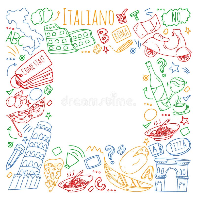 Italian Language Learning. Vector Pattern with Icons and National ...