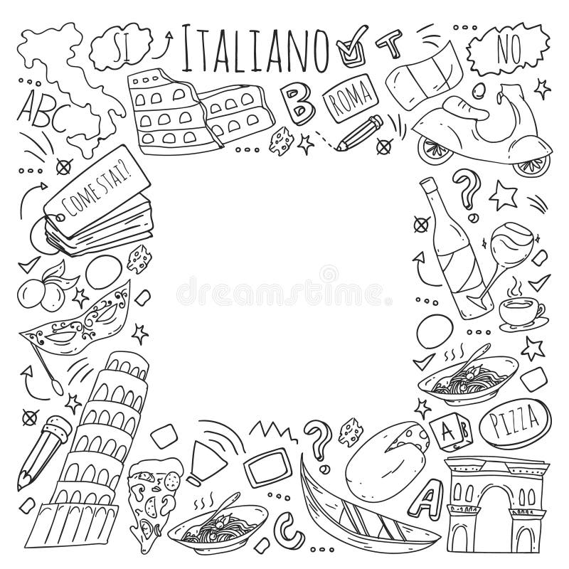 Italian Language Learning. Vector Pattern with Icons and National ...