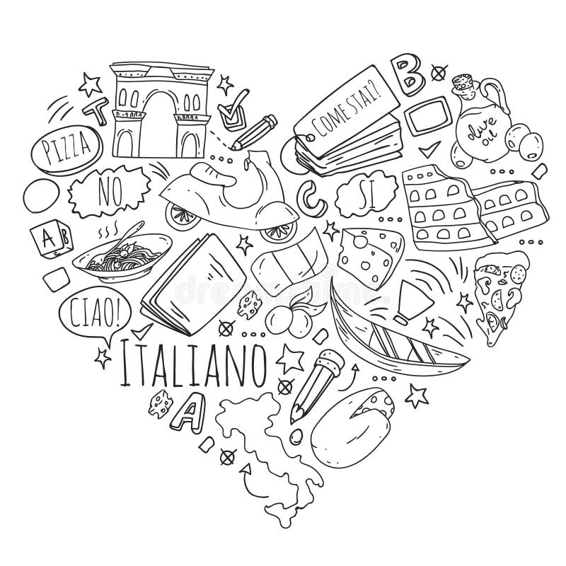 Italian Language Learning. Vector Pattern with Icons and National ...