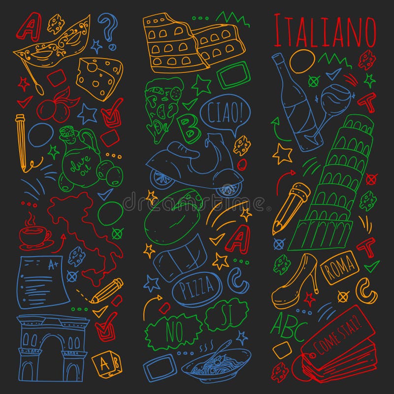 Italian Language Learning. Vector Pattern with Icons and National ...