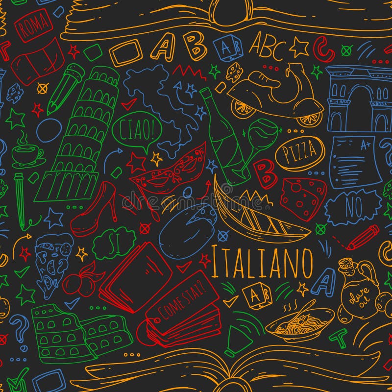 Italian Language Learning. Vector Pattern with Icons and National ...