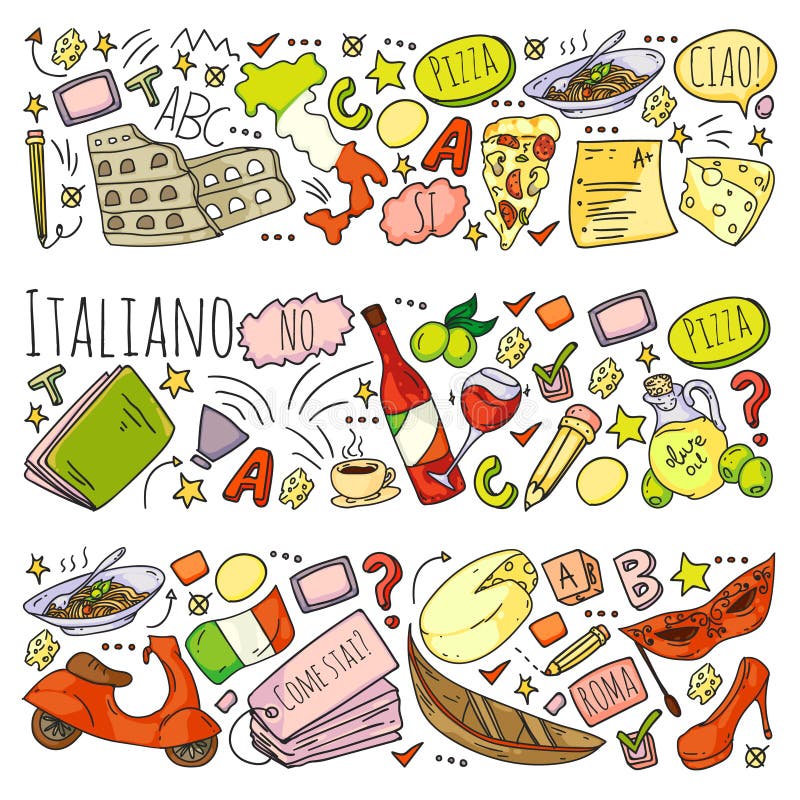 Italian Language Learning. Vector Pattern with Icons and National ...