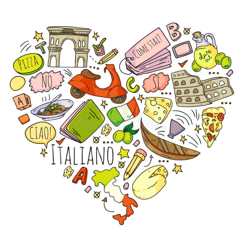 Italian Language Learning. Vector Pattern with Icons and National ...