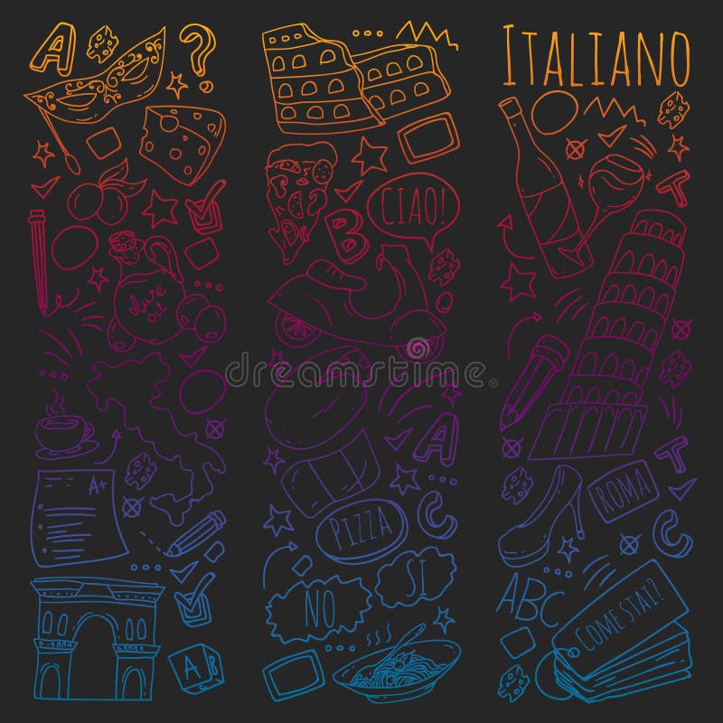 Italian Language Learning. Vector Pattern with Icons and National ...