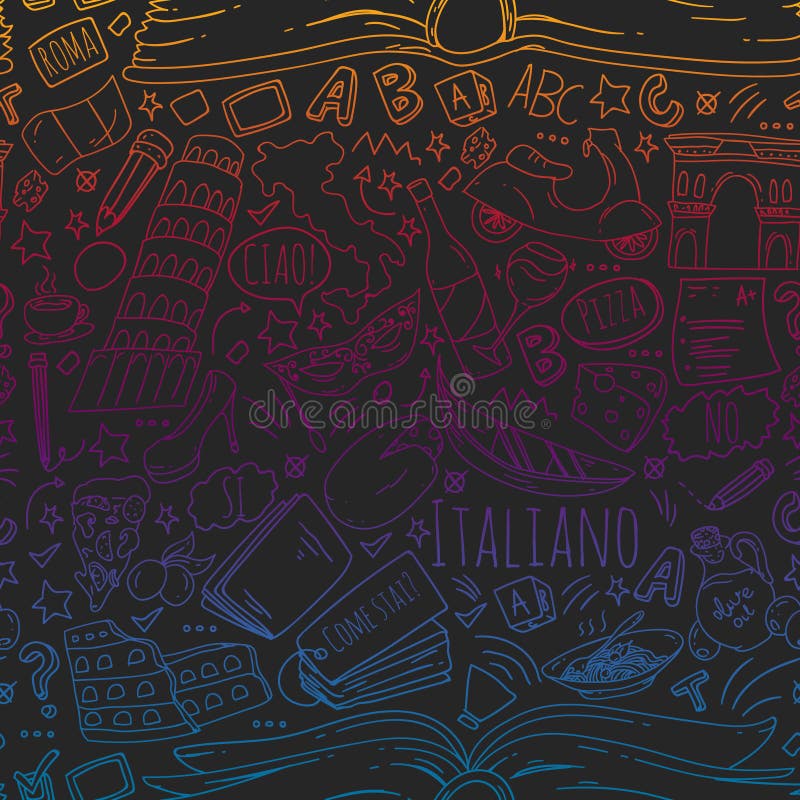 Italian Language Learning. Vector Pattern with Icons and National ...