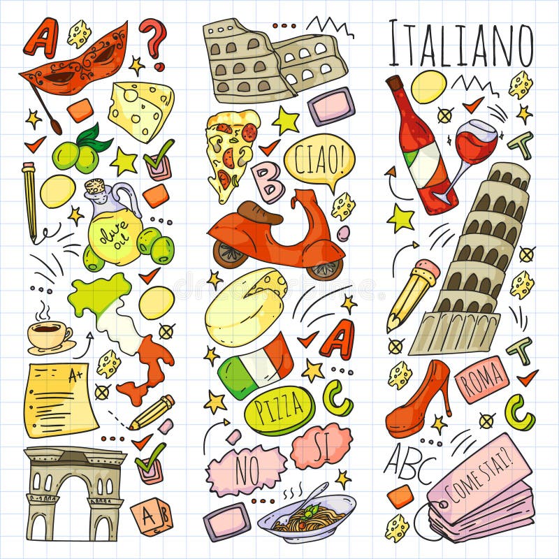 Italian Language Learning. Vector Pattern with Icons and National ...