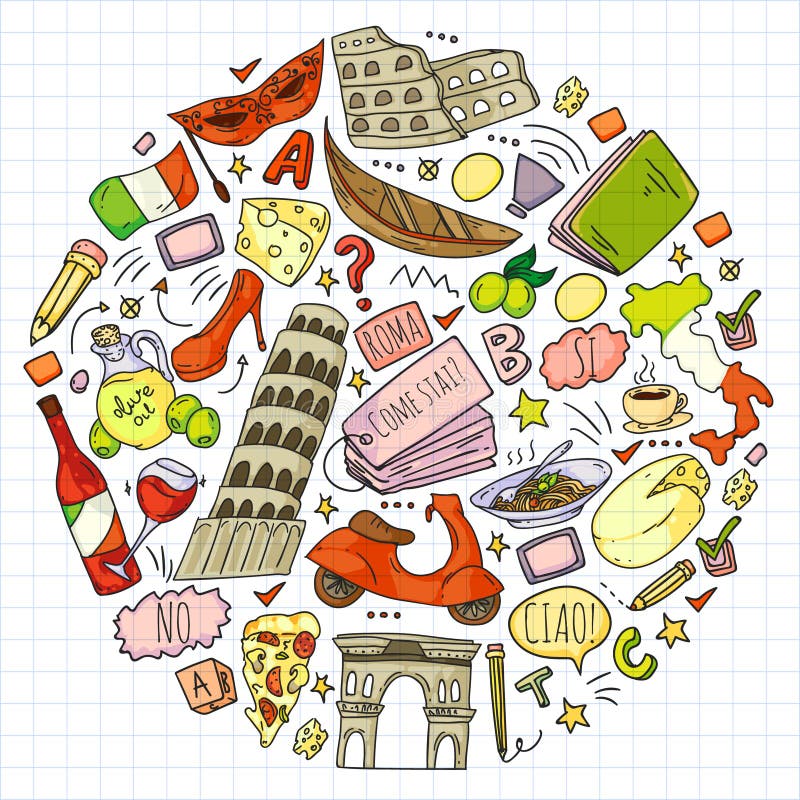 Italian Language Learning. Vector Pattern with Icons and National ...