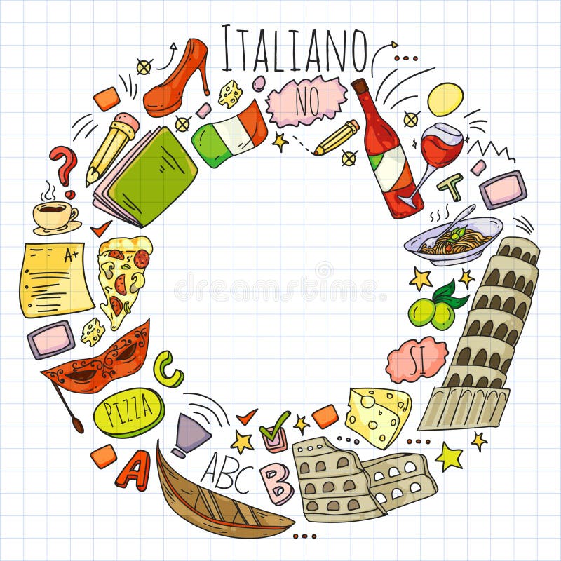 Italian Language Learning. Vector Pattern with Icons and National ...