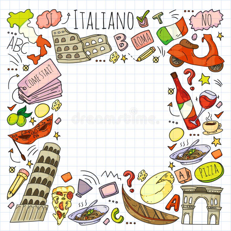 Italian Language Learning. Vector Pattern with Icons and National ...