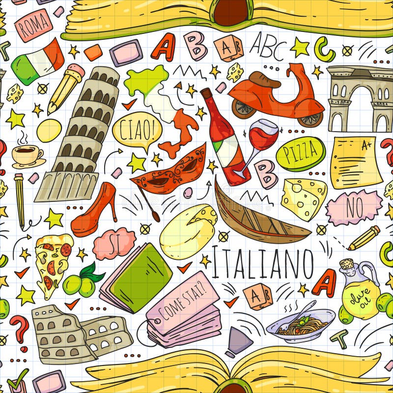 Italian Language Learning. Vector Pattern with Icons and National ...