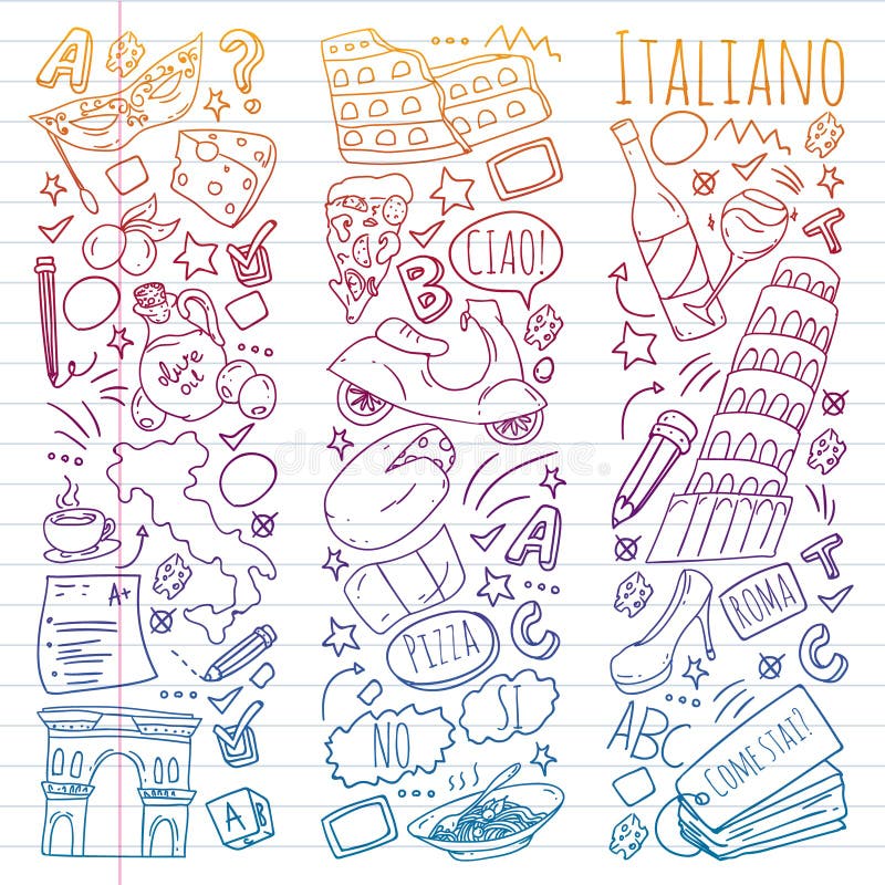 Italian Language Learning. Vector Pattern with Icons and National ...