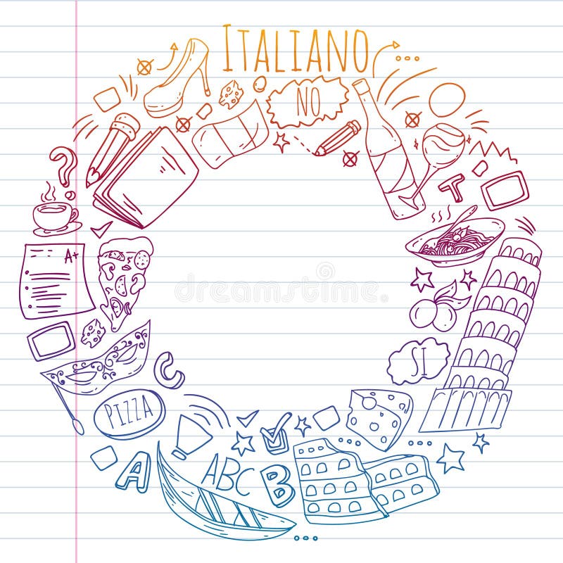 Italian Language Learning. Vector Pattern with Icons and National ...