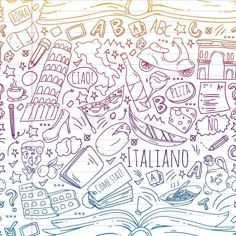 Italian Language Learning. Vector Pattern with Icons and National ...