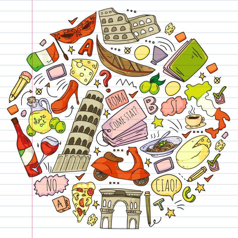Italian Language Learning. Vector Pattern with Icons and National ...