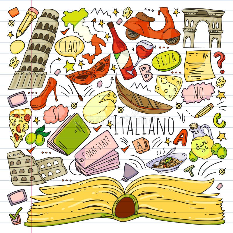 Italian Language Learning. Vector Pattern with Icons and National ...