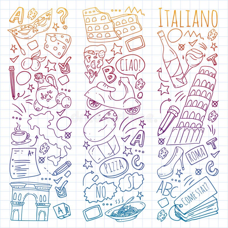 Italian Language Learning. Vector Pattern with Icons and National ...