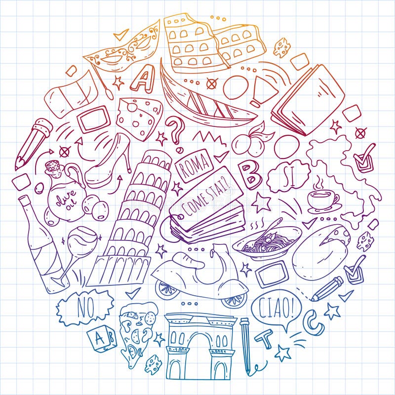 Italian Language Learning. Vector Pattern with Icons and National ...