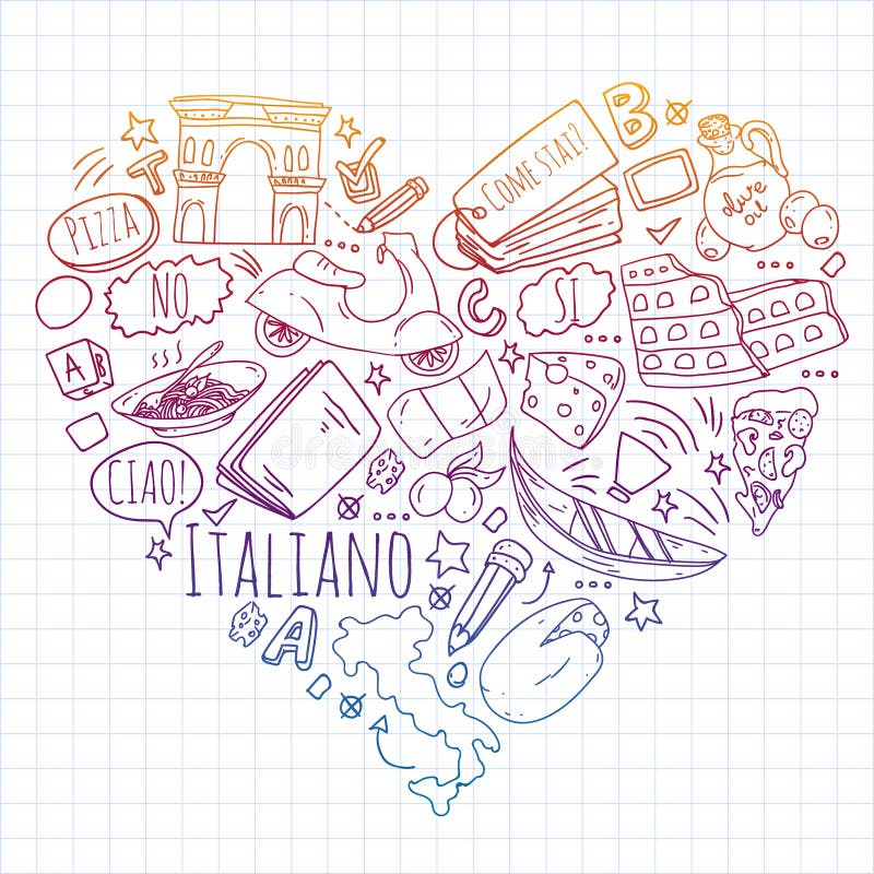 Italian Language Learning. Vector Pattern with Icons and National ...