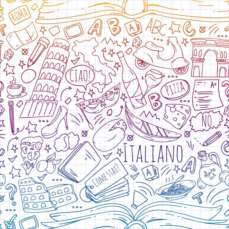 Italian Language Learning. Vector Pattern with Icons and National ...
