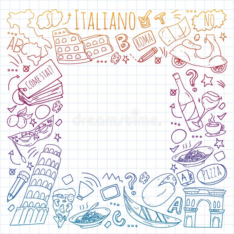 Italian Language Learning. Vector Pattern with Icons and National ...