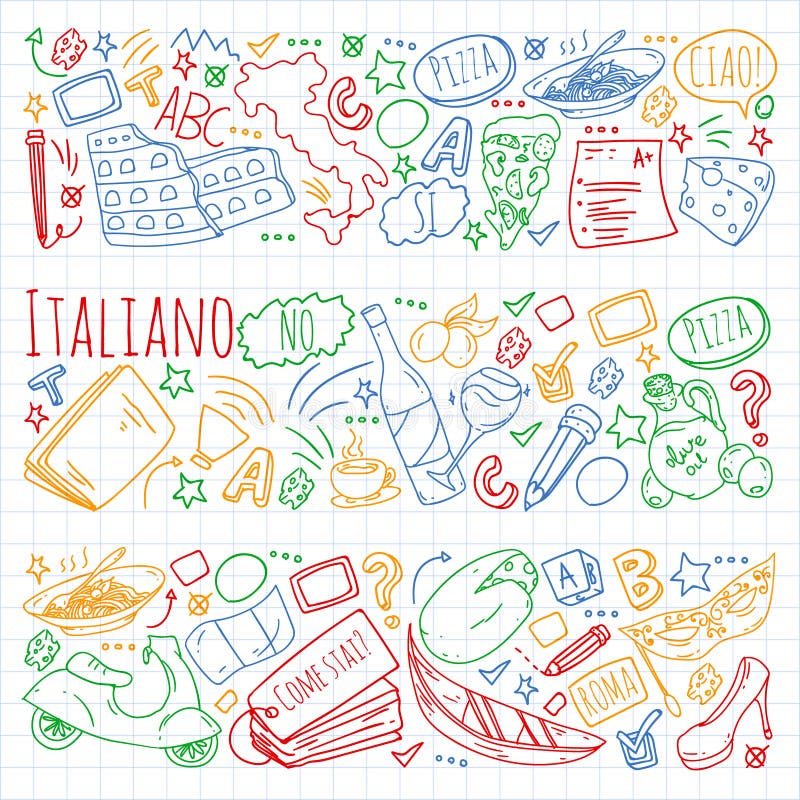 Italian Language Learning. Vector Pattern with Icons and National ...