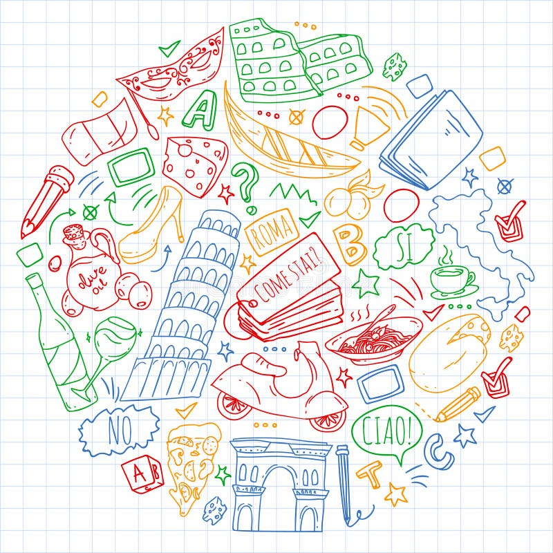 Italian Language Learning. Vector Pattern with Icons and National ...