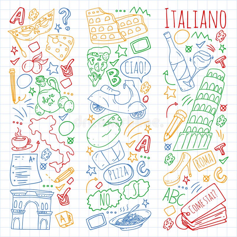 Italian Language Learning. Vector Pattern with Icons and National ...