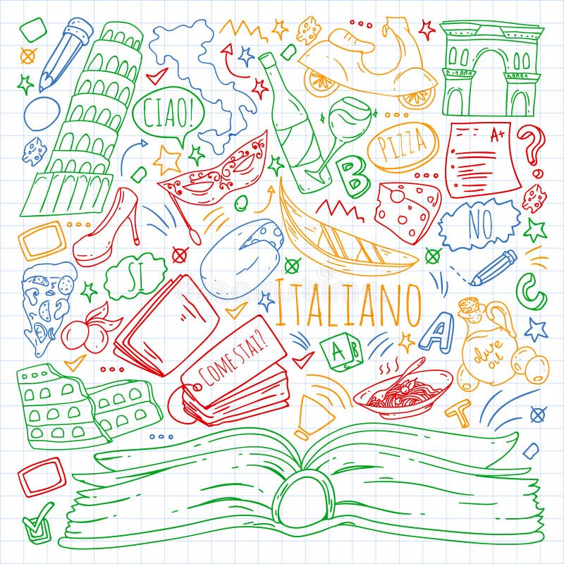 Italian Language Learning. Vector Pattern with Icons and National ...