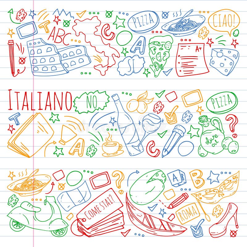 Italian Language Learning. Vector Pattern with Icons and National ...