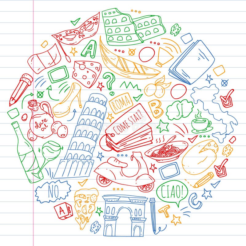 Italian Language Learning. Vector Pattern with Icons and National ...