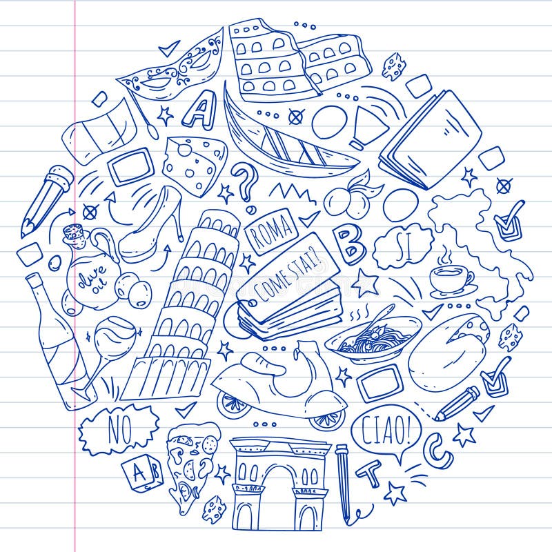 Italian Language Learning. Vector Pattern with Icons and National ...