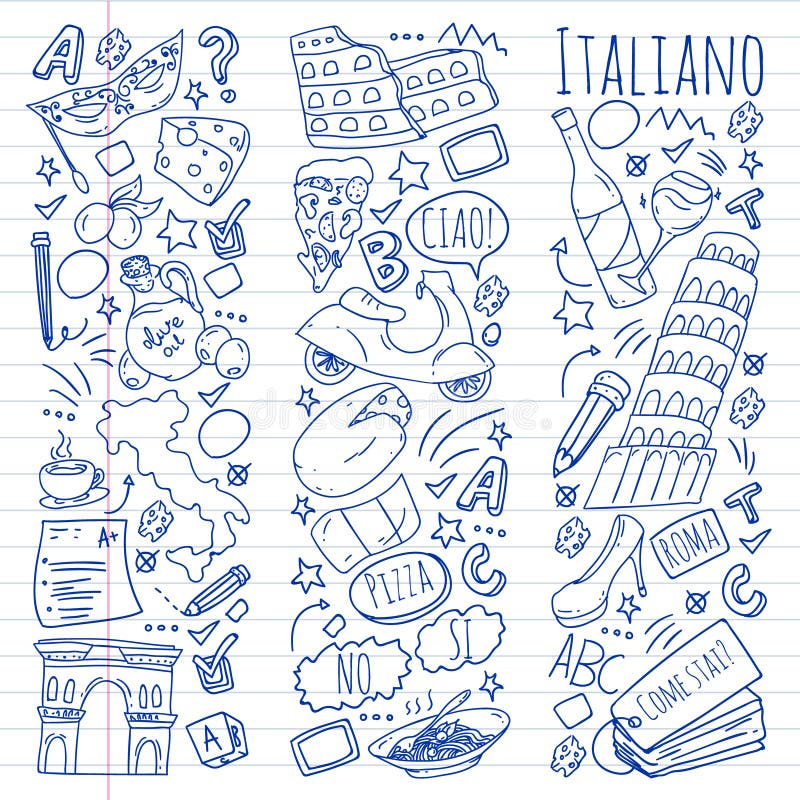 Italian Language Learning. Vector Pattern with Icons and National ...