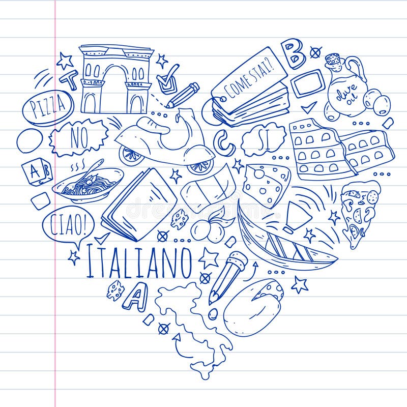 Italian Language Learning. Vector Pattern with Icons and National ...