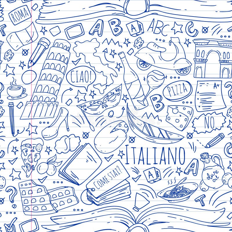 Italian Language Learning. Vector Pattern with Icons and National ...