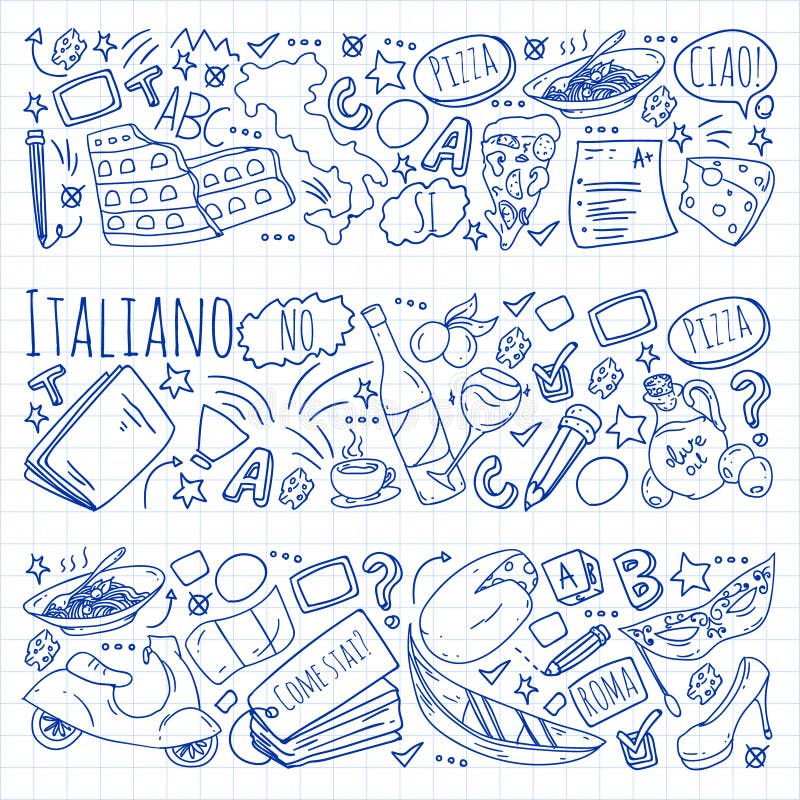 Italian Language Learning. Vector Pattern with Icons and National ...