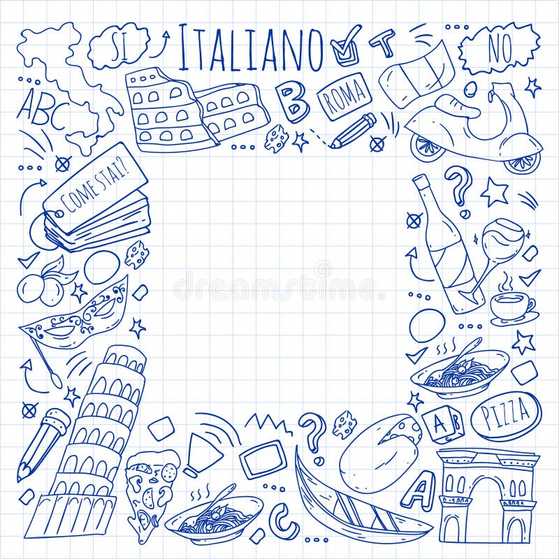 Italian Language Learning. Vector Pattern with Icons and National ...