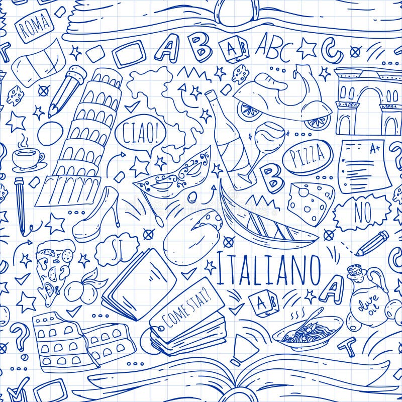 Italian Language Learning. Vector Pattern with Icons and National ...