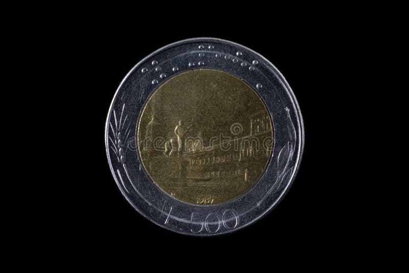 500 Italian Lira Coin from 1987 Isolated on Black Stock Image - Image ...